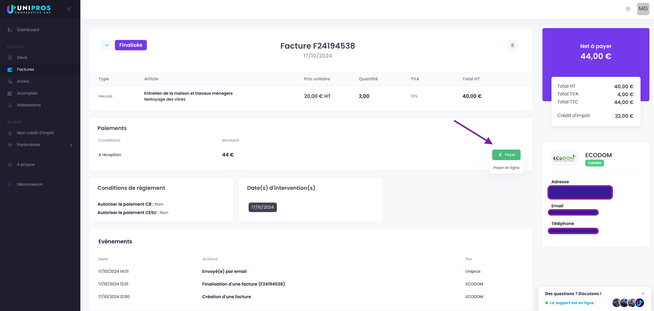 Régler ma facture par avance immédiate.